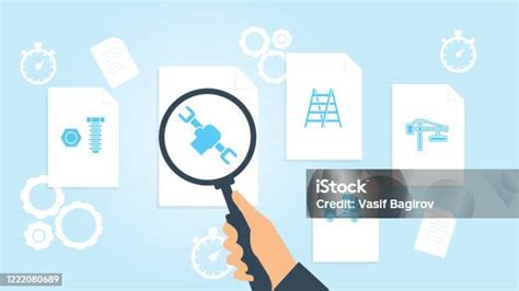 검색 아이콘으로 문서작성합니다 파일 및 돋보기 분석 연구 기호입니다 벡터 일러스트레이션 건물 건설 크레인 파일 문서 연구 벡터 일러스트 개념에 대한 스톡 벡터 아트 및 기타