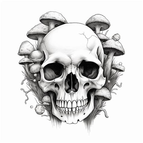 Premium Photo A Drawing Of A Skull With Mushrooms And Mushrooms On It