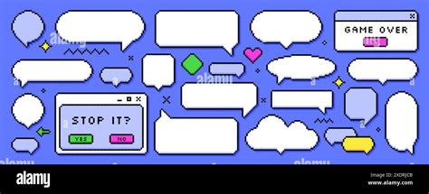 Set Of Pixel Dialogue Boxes Different Shapes On Blue Background Chat