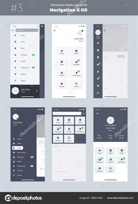 Wireframe Kit Mobile Phone Mobile App Design New Navigation Menu Stock Vector Vanderon