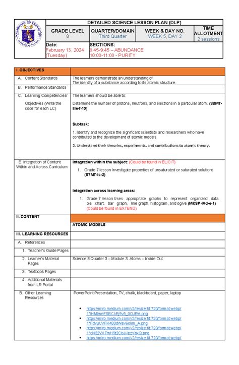Atomic Model And Theories Detailed Science Lesson Plan Dlp Grade Level 8 Quarter Domain