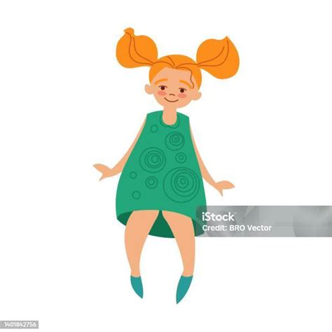 빨간 머리 만화 일러스트레이션과 녹색 드레스에 행복 귀여운 소녀 어린 아이 쾌활한 성격 흰색 배경에 여학생 귀여운에 대한 스톡 벡터 아트 및 기타 이미지 Istock