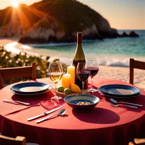 Romantic Set Table For Two Dinner At Sunset On Tropical Beach Stock