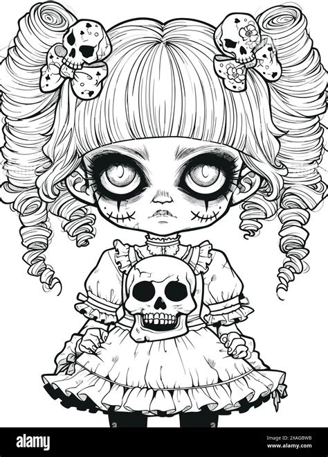 Doll With Scary Sinister Expression Spooky Gothic Horror Coloring Page Clean Line Drawing
