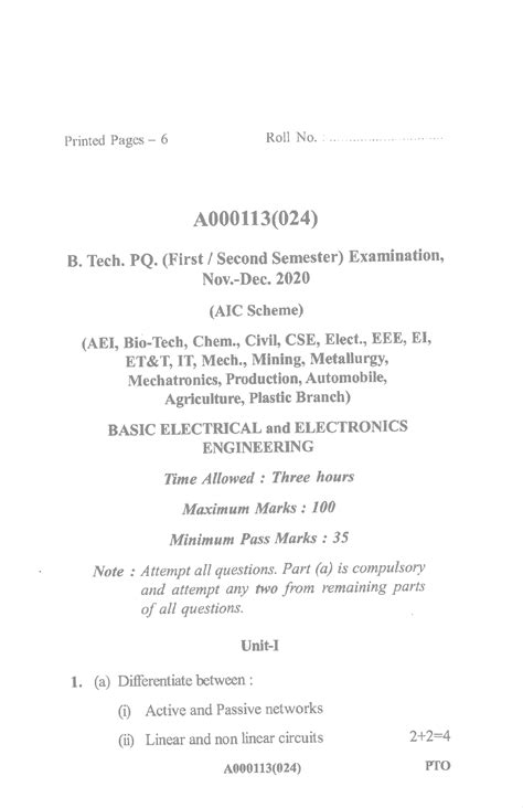 Btech 1 Sem Basic Electrical And Electronics Engineering A000113 Dec 2020 B Tech Electronics