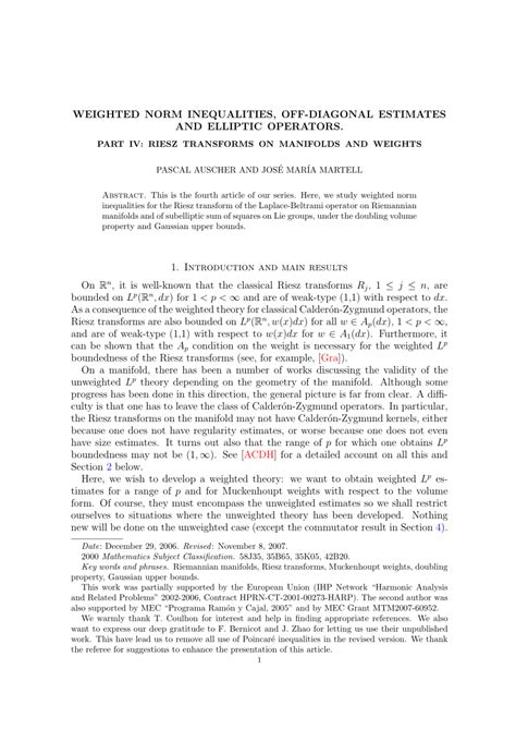Pdf Weighted Norm Inequalities Off Diagonal Estimates And Elliptic Operators Part Iv Riesz