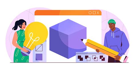 3d 디자이너 팀 전구를 가진 여자와 연필을 가진 남자가 거대한 큐브를 그립니다 프리랜서 및 원격 근무자 편집자 및 그래픽 디자이너 평면 벡터 일러스트 레이 션 3차원