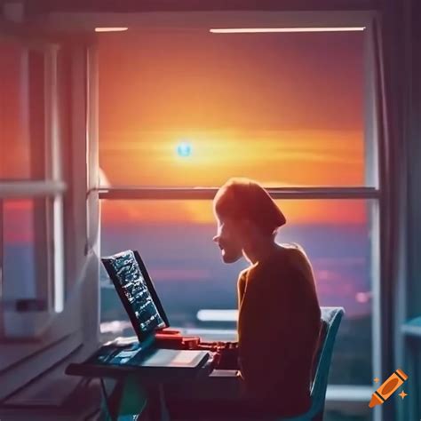 Programmer Coding With A Sunset Backdrop