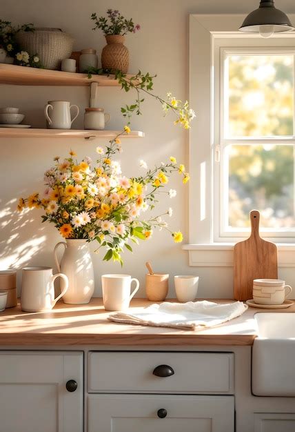 Уютная кухонная сцена с цветами и солнечным светом Ai сгенерированное изображение