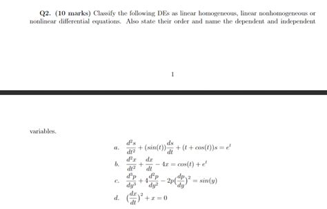 Solved Q Marks Classify The Following DEs As Linear Chegg
