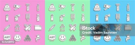 세트 라인 페인트 스프레이 건 종이 접착 스티커 마커 펜 캔 학교 배낭 및 스프레이 노즐 캡 아이콘 벡터 Brand Name Online Messaging Platform에