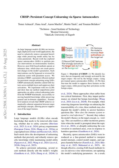 Crisp:通过稀疏自编码器实现的持久概念遗忘 论文 Hyperai超神经 Crisp:通过稀疏自编码器实现的持久概念遗忘 论文 Hyperai超神经