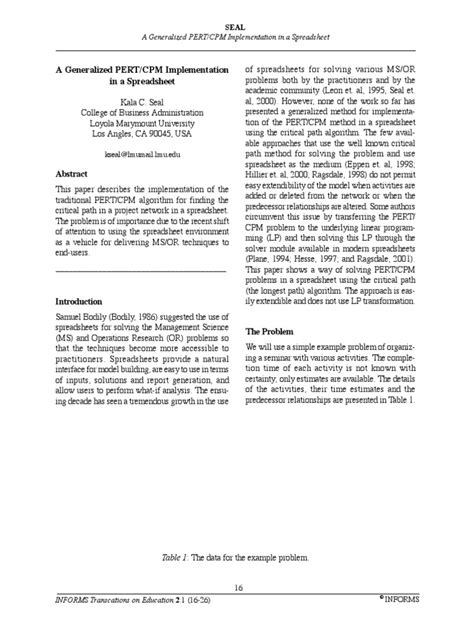 A Generalized Pertcpm Implementation In A Spreadsheet Kseallmumail Pdf