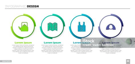 손잡이가있는 주전자 지도에 숲의 위치 구명 조끼 및 관광 텐트를 설정합니다 비즈니스 인포그래픽 템플릿입니다 벡터 Emergency Shelter에 대한 스톡 벡터 아트 및