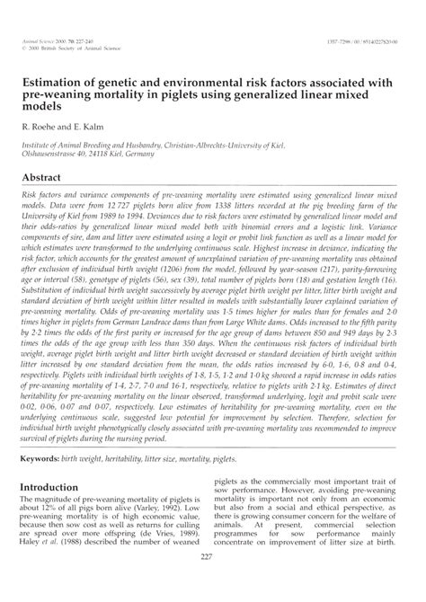 Pdf Estimation Of Genetic And Environmental Risk Factors Associated With Pre Weaning Mortality