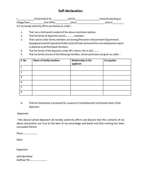 Self Declaration Ews Himachal Pdf