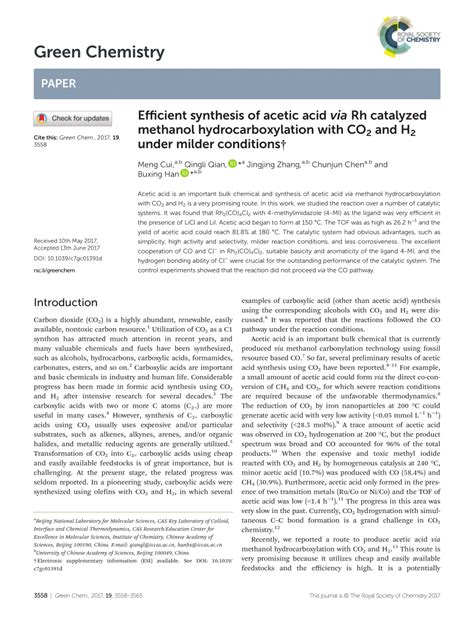 Pdf Efficient Synthesis Of Acetic Acid Via Rh Catalyzed Methanol