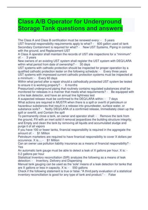 class a b operator for underground storage tank questions and answers
