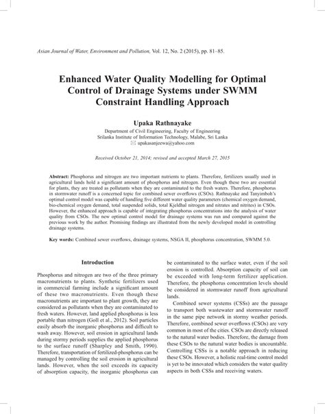 Pdf Enhanced Water Quality Modelling For Optimal Control Of Drainage