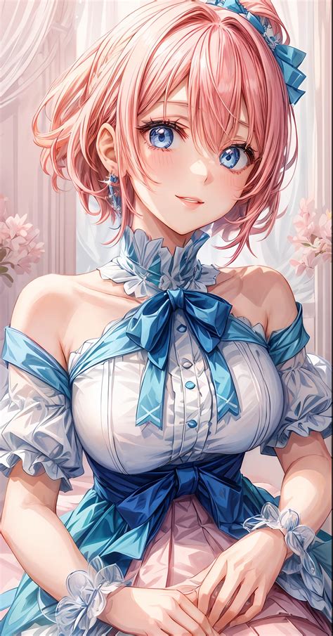 파란 드레스를 입은 여자가 핑크색 꽃과 함께 침대에 앉아 있다 Seaart Ai