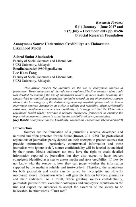 Pdf Anonymous Source Undermines Credibility An Elaboration Likelihood Model