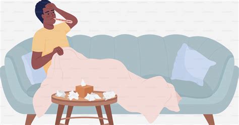 높은 온도를 가진 남자는 소파 세미 플랫 컬러 벡터 캐릭터에 휴식을 취하고 있다 편집 가능한 그림입니다 흰색에 전신 사람 웹 그래픽 디자인 및 애니메이션을 위한 간단한