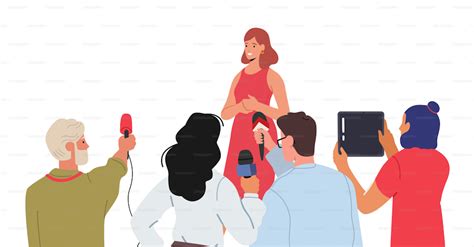 기자회견 중 청중에게 말하는 여성은 흰색 배경에 고립되어 있다 언론인 또는 언론 종사자 마이크 사진 및 비디오 카메라가 있는 캐릭터 만화 벡터 일러스트레이션 사진