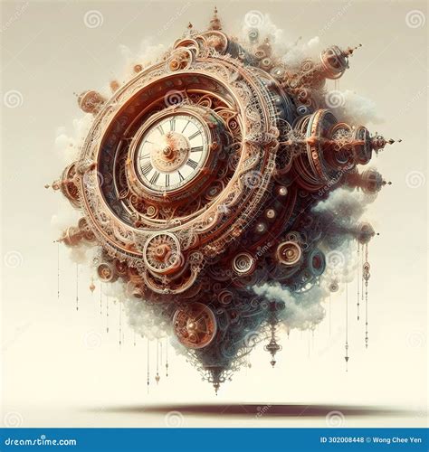 Intricate Complex Fractal Clock Timepiece Floating Illustration Stock