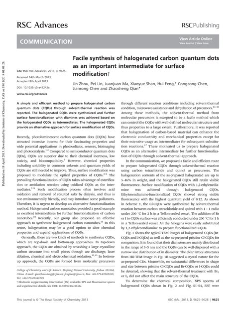 Pdf Facile Synthesis Of Halogenated Carbon Quantum Dots As An