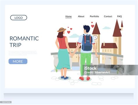 로맨틱 여행 벡터 웹 사이트 방문 페이지 디자인 템플릿 커플에 대한 스톡 벡터 아트 및 기타 이미지 커플 하이킹 2명 Istock