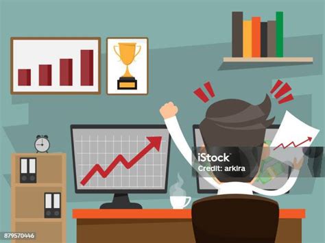 성공적인 사업가 행복 한 책상에 앉아 고 컴퓨터 Pc에 성장 그래프 비즈니스 성공 개념 만화 문자 벡터 일러스트입니다 경매에