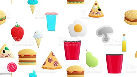 아이스크림 햄버거 피자 팝콘 음료 배 딸기 맛있는 음식과 레스토랑 바 카페에 설정 간식 항목 아이콘의 끝없는 흰색 원한 패턴 배경 0명에 대한 스톡 벡터 아트 및 기타