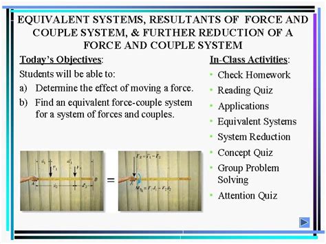 Equivalent Systems Resultants Of Force And Couple System