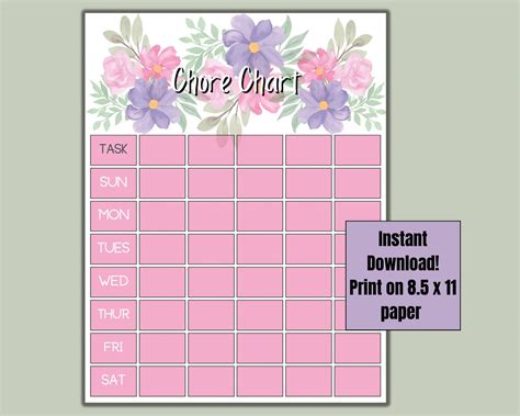 Printable Chore Chart For Girls Floral Chore Chart For Adults Sticker