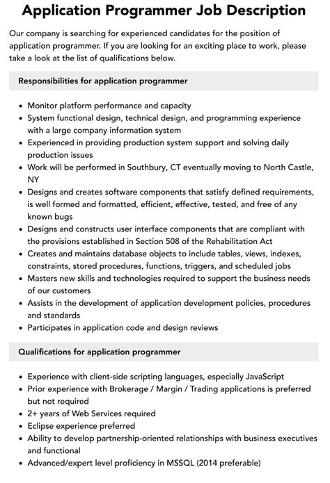 Application Programmer Job Description Velvet Jobs