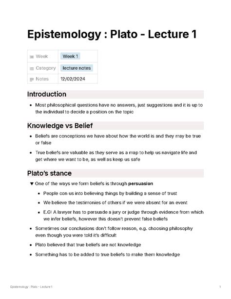 Epistemology Plato Lecture 1 Epistemology Plato Lecture 1 1