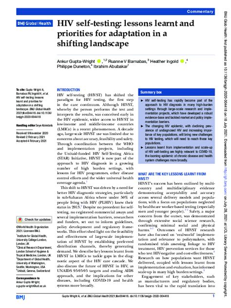 Pdf Hiv Self Testing Lessons Learnt And Priorities For Adaptation In A Shifting Landscape