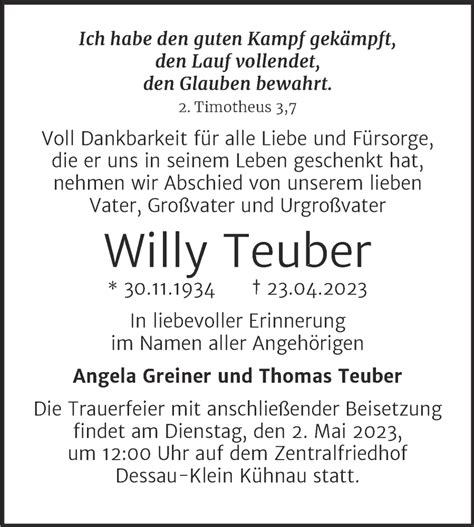 Traueranzeigen Von Willy Teuber Abschied Nehmende