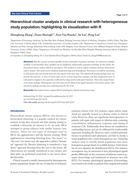 PDF Hierarchical Cluster Analysis In Clinical Research With Heterogeneous Study Population