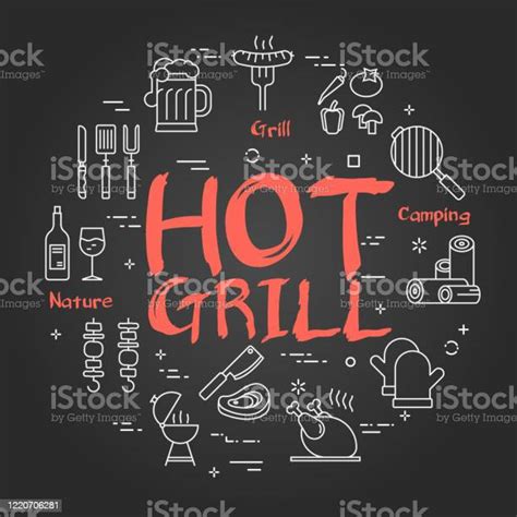 피크닉과 바베큐 파티를위한 벡터 블랙 라인 배너 뜨거운 그릴 개념에 대한 스톡 벡터 아트 및 기타 이미지 개념 검은색 고기 Istock