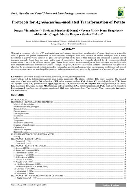 Pdf Protocols For Agrobacterium Mediated Transformation Of Potato