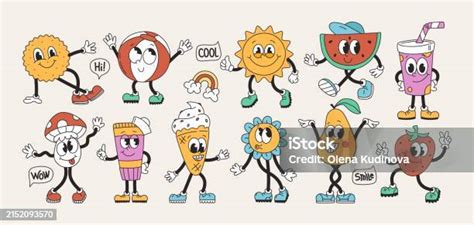 복고풍 그루비 캐릭터의 큰 세트 재미 있는 빈티지 마스코트 벡터 요소 개체 과일 말풍선 만화 일러스트 감정에 대한 스톡 벡터 아트 및 기타 이미지 Istock