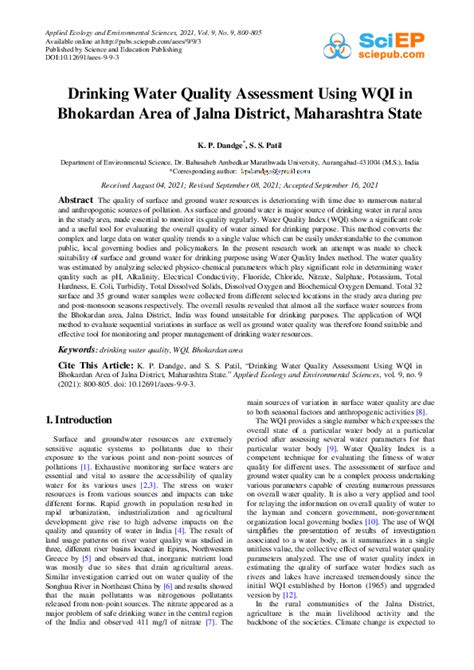 Pdf Drinking Water Quality Assessment Using Wqi In Bhokardan Area Of Jalna District
