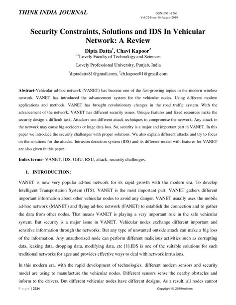 Pdf Security Constraints Solutions And Ids In Vehicular Network A