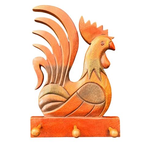 Vtg Hand Carved Wooden Rooster Wall Decor Coat Rack Rustic Farmhouse
