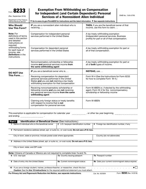 Irs Form 8233 Download Fillable Pdf Or Fill Online Exemption From Withholding On Compensation