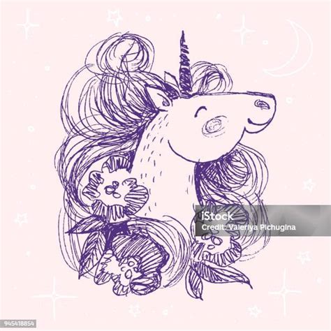 유니콘 꽃 카드입니다 손으로 그린 벡터 일러스트 레이 션 요정 말 귀여운 머리 모란과 별 달 마술에 의해 둘러싸여 유니콘 손으로 펜 스타일에서 그린 미소 0명에 대한 스톡
