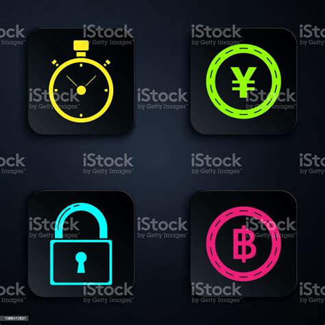 설정 암호 화폐 동전 비트 코인 스톱 워치 잠금 및 엔 기호와 동전 돈 검은 색 사각형 버튼 벡터 0명에 대한 스톡 벡터 아트 및 기타 이미지 Istock