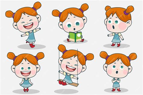 다른 표정과 손 포즈를 가진 젊은 똑똑한 소녀 캐릭터 무료 벡터