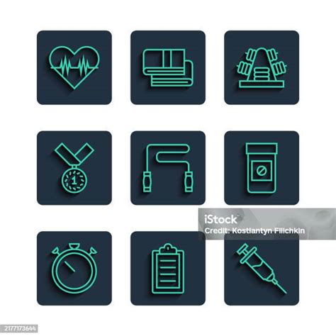 세트 라인 스톱워치 스포츠 훈련 프로그램 도핑 주사기 웨이트와 금속 랙 줄넘기 메달 심박수 및 단백 동화 약물 아이콘 벡터 3